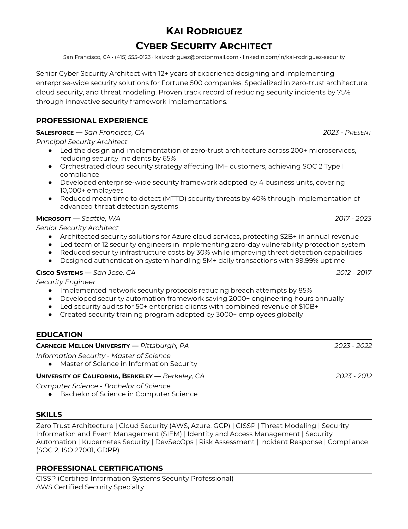 Cyber Security Architect in Technology Resume Examples & Tips for 2025 | Careerday